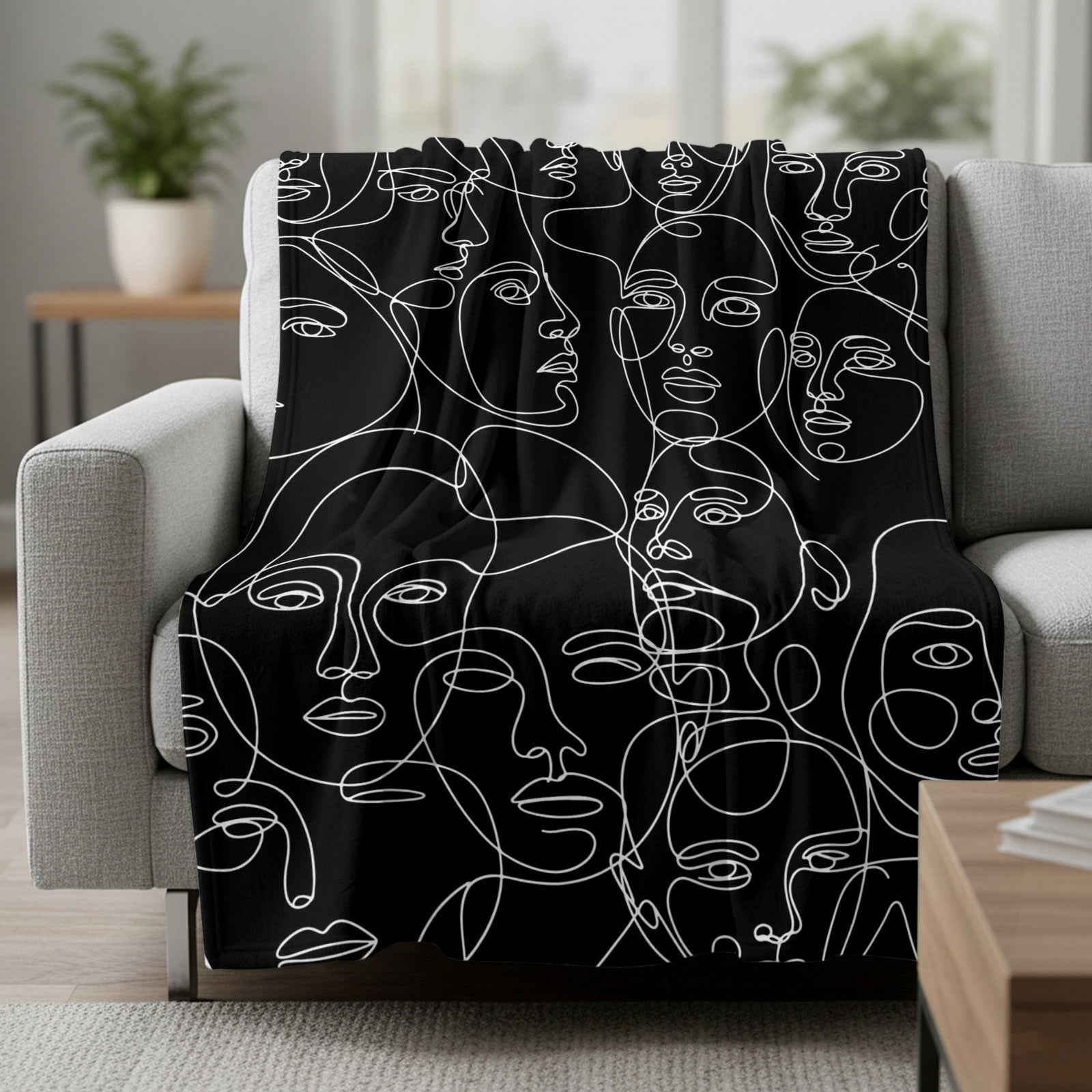 Abstract Style Fleece Throw Blanket Black Modern Simple Character Line ...