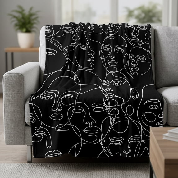 Abstract Style Fleece Throw Blanket Black Modern Simple Character Line ...
