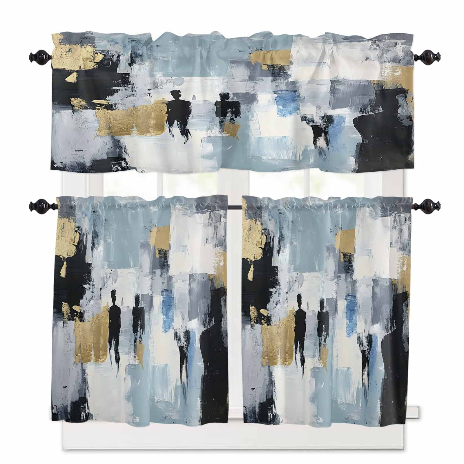 Abstract Style Kitchen Curtains Valance and Tier Set Black Grey Blue ...