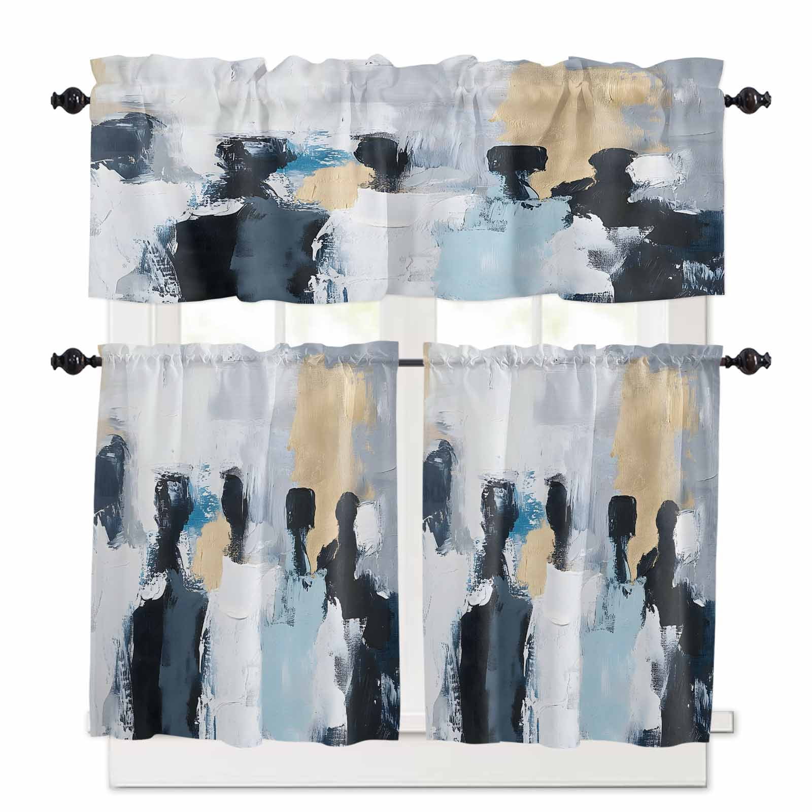 Abstract Style Kitchen Curtains Valance and Tier Set Black Grey Blue ...