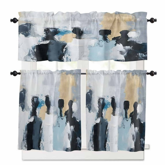 Abstract Style Kitchen Curtains Valance and Tier Set Black Grey Blue ...