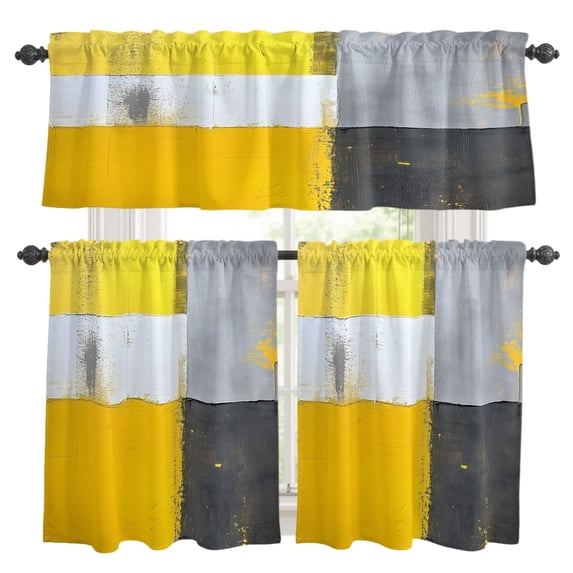 Abstract Style Kitchen Curtains Valance and Tier Set Yellow Gary Color ...