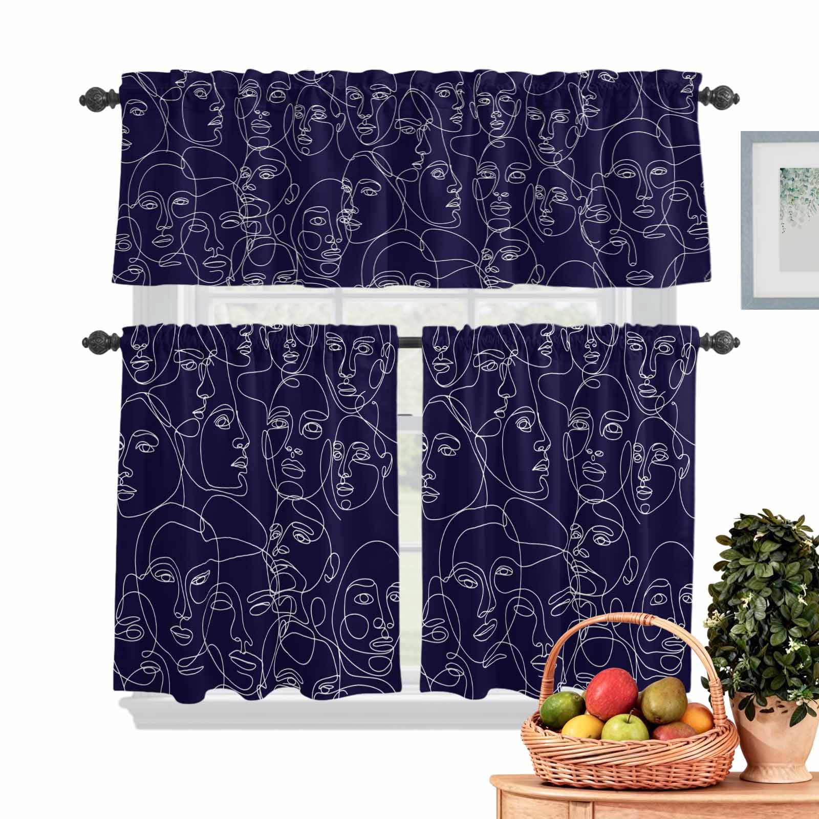 Abstract Style Kitchen Curtains Valances 3 Piece Set, Blue Modern ...