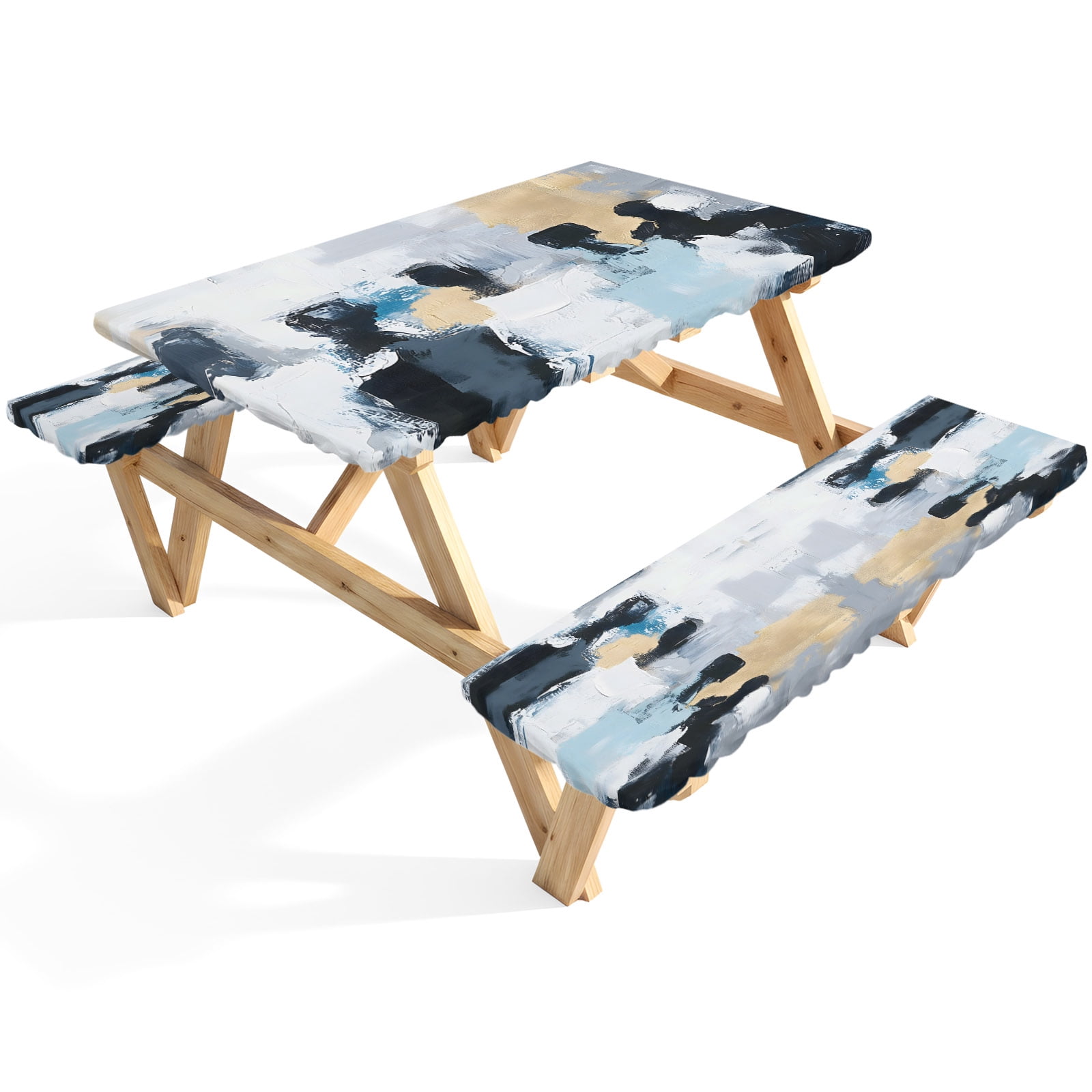 Abstract Style Picnic Table Cover with Bench Covers Black Grey Blue Oil ...