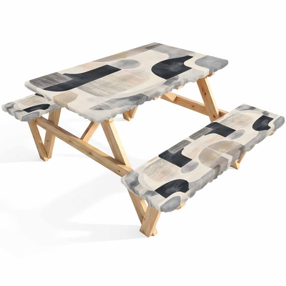 Abstract Style Picnic Table Cover with Bench Covers Vintage Beige Black ...