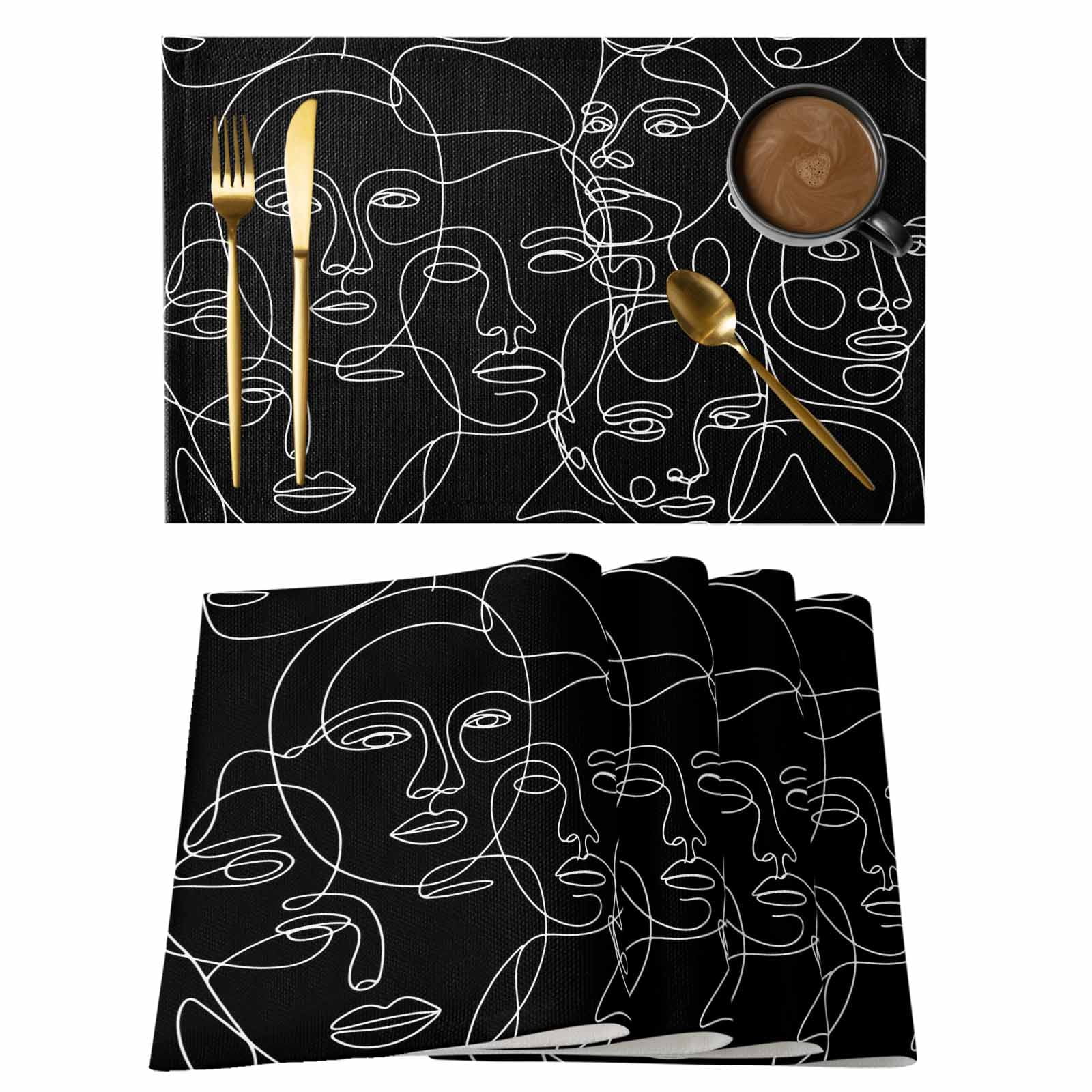 Abstract Style Placemats Set of 12 Black Face Line Modern Character Art ...