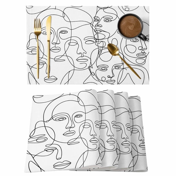 Abstract Style Placemats Set of 6, Face Line Modern Character Art White ...