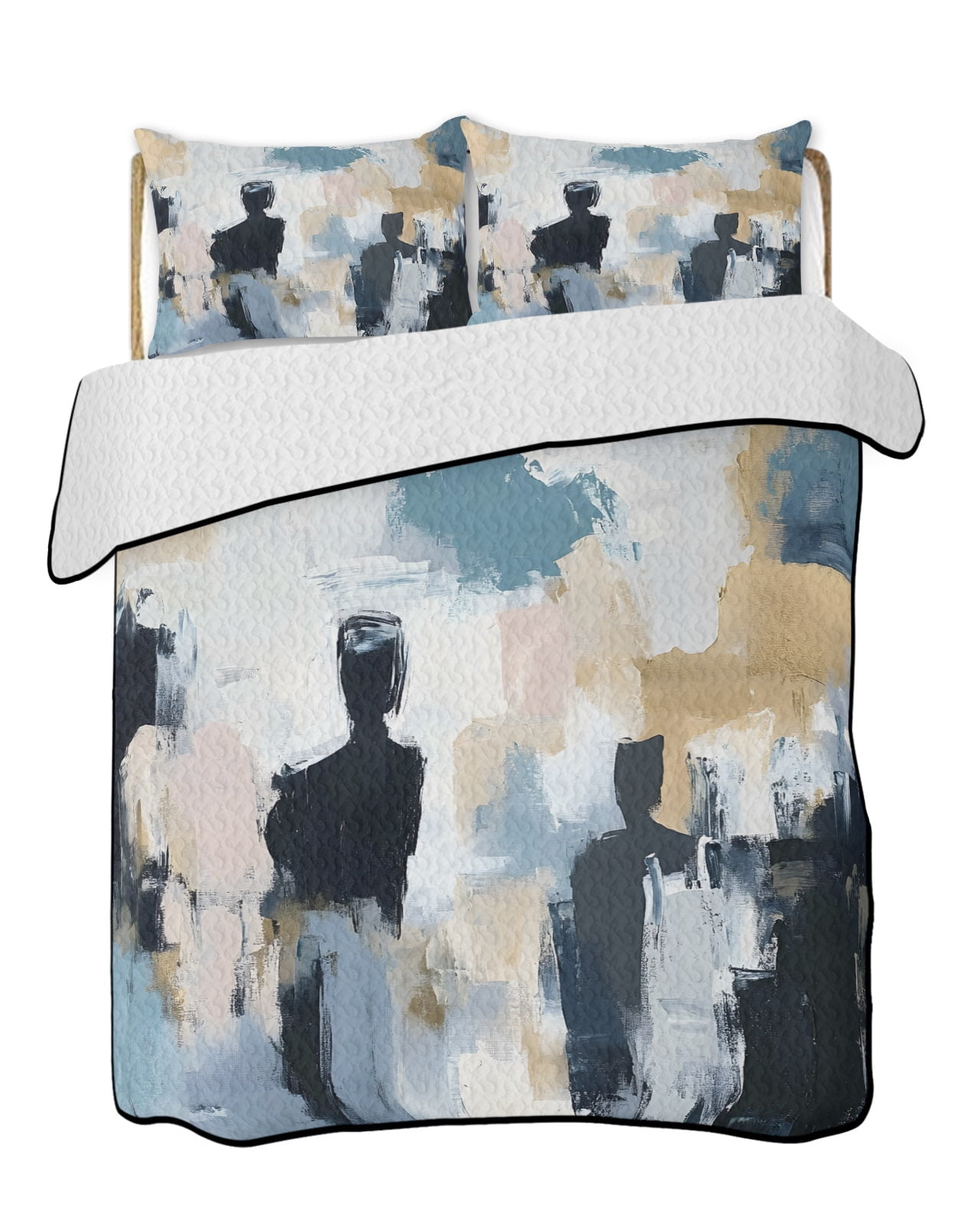 Abstract Style Quilts Bedding Set Queen Size Black Grey Blue Silhouette ...