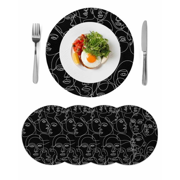 Abstract Style Round 13 Inch Placemats Set of 4, Black Face Line Modern ...