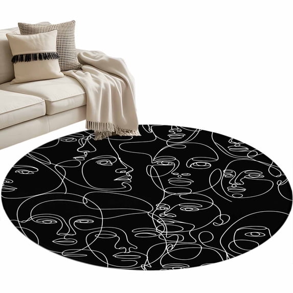 Abstract Style Round Area Rug 4ft, Black Face Line Modern Character Art ...