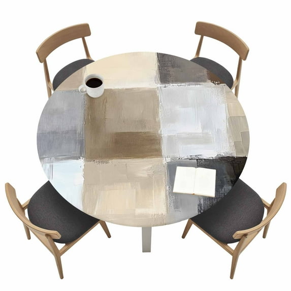 Abstract Style Round Fitted Tablecloth with Elastic Edge Beige Brown ...