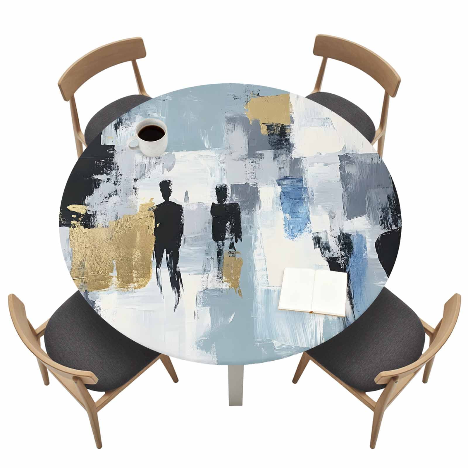 Abstract Style Round Fitted Tablecloth with Elastic Edge Black Grey ...