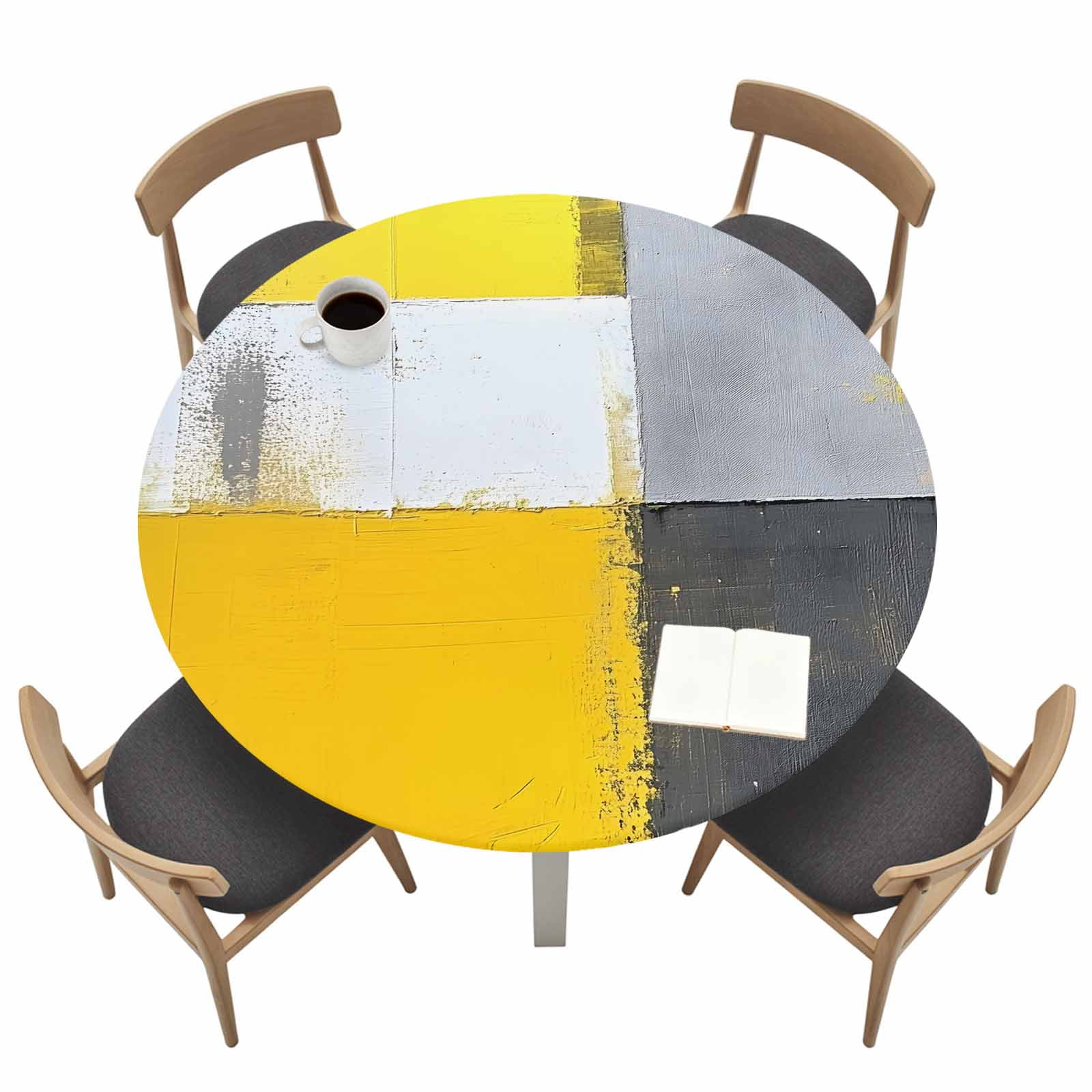 Abstract Style Round Fitted Tablecloth with Elastic Edge Yellow Gary ...