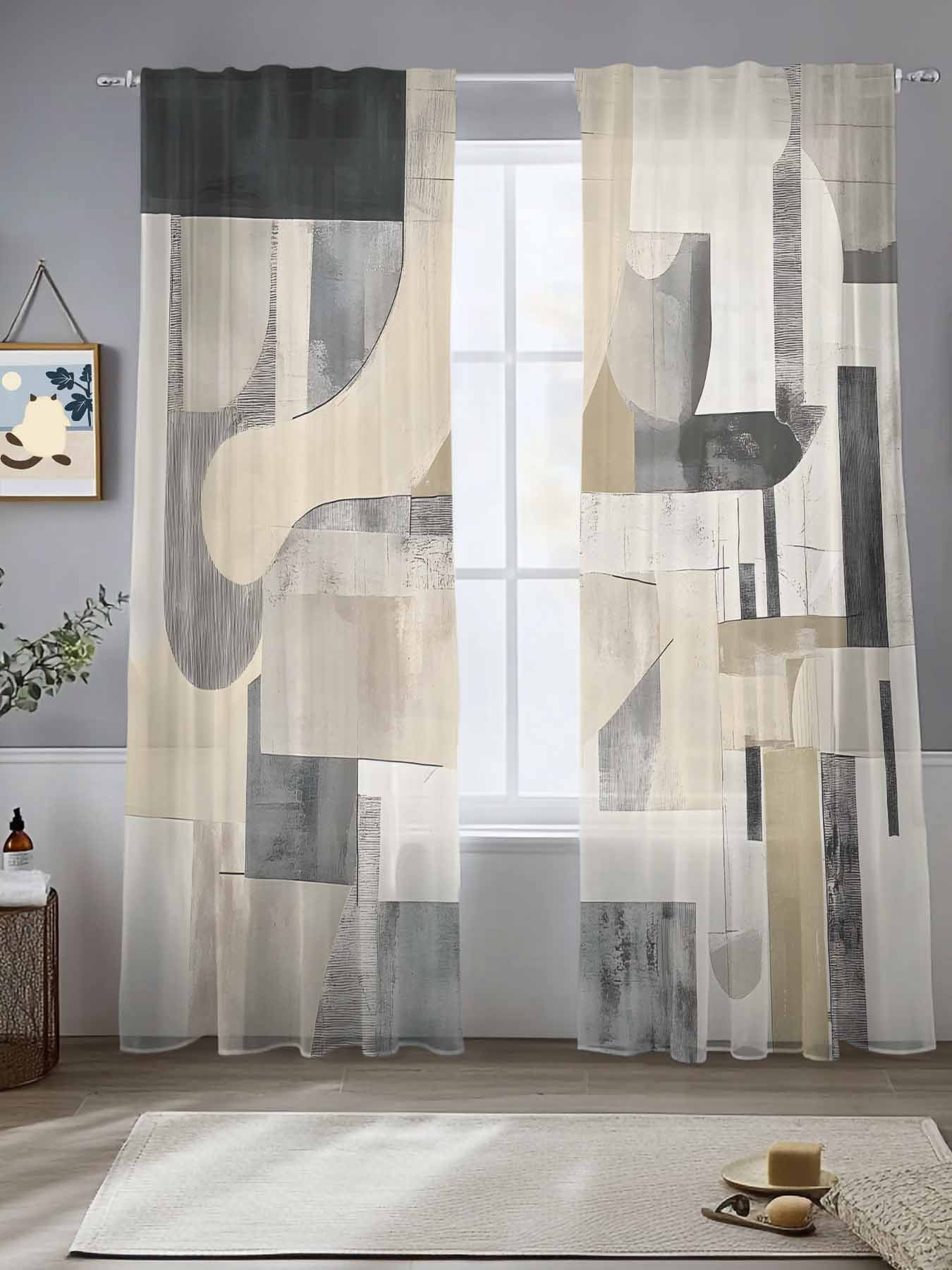 Abstract Style Sheer Curtains 108 Inches Long 2 Panels Vintage Beige ...
