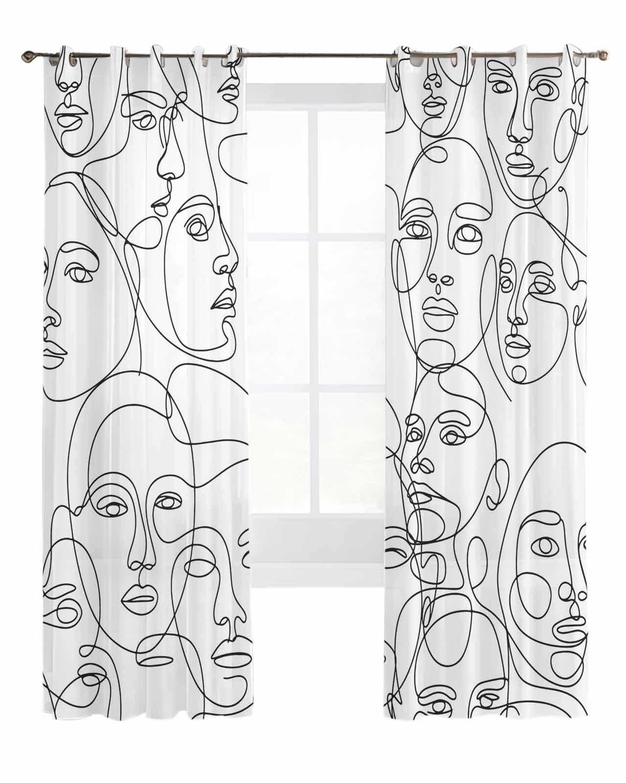 Abstract Style Sheer Curtains 63 Inch Length 2 Panels Face Line Modern ...