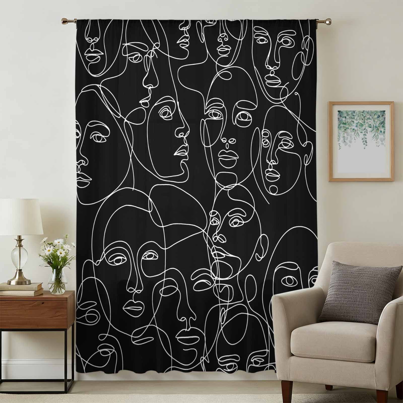 Abstract Style Sheer Curtains 72 Inches Long, Black Face Line Modern ...