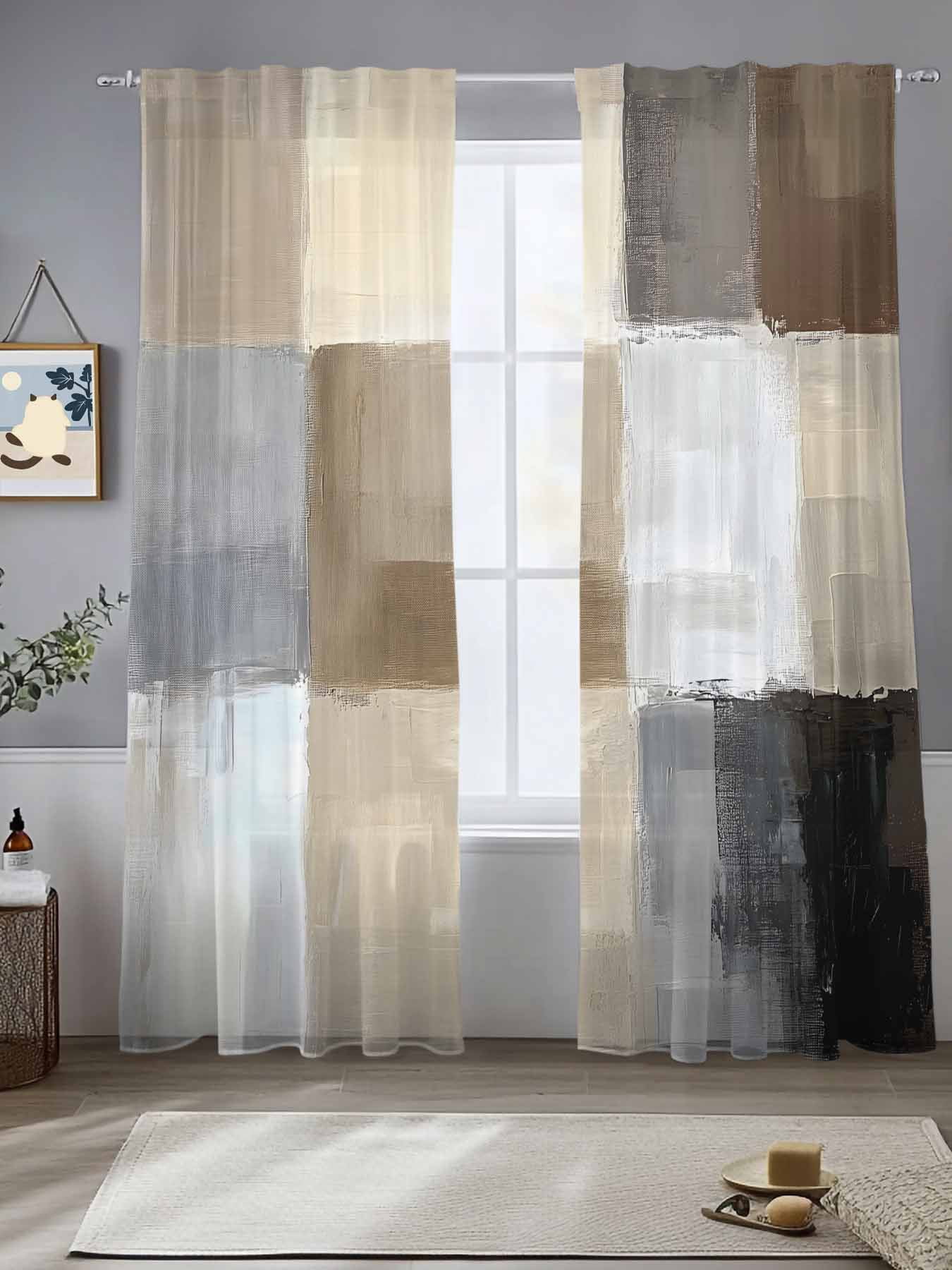 Abstract Style Sheer Curtains 96 Inches Long 2 Panels Beige Brown Color ...