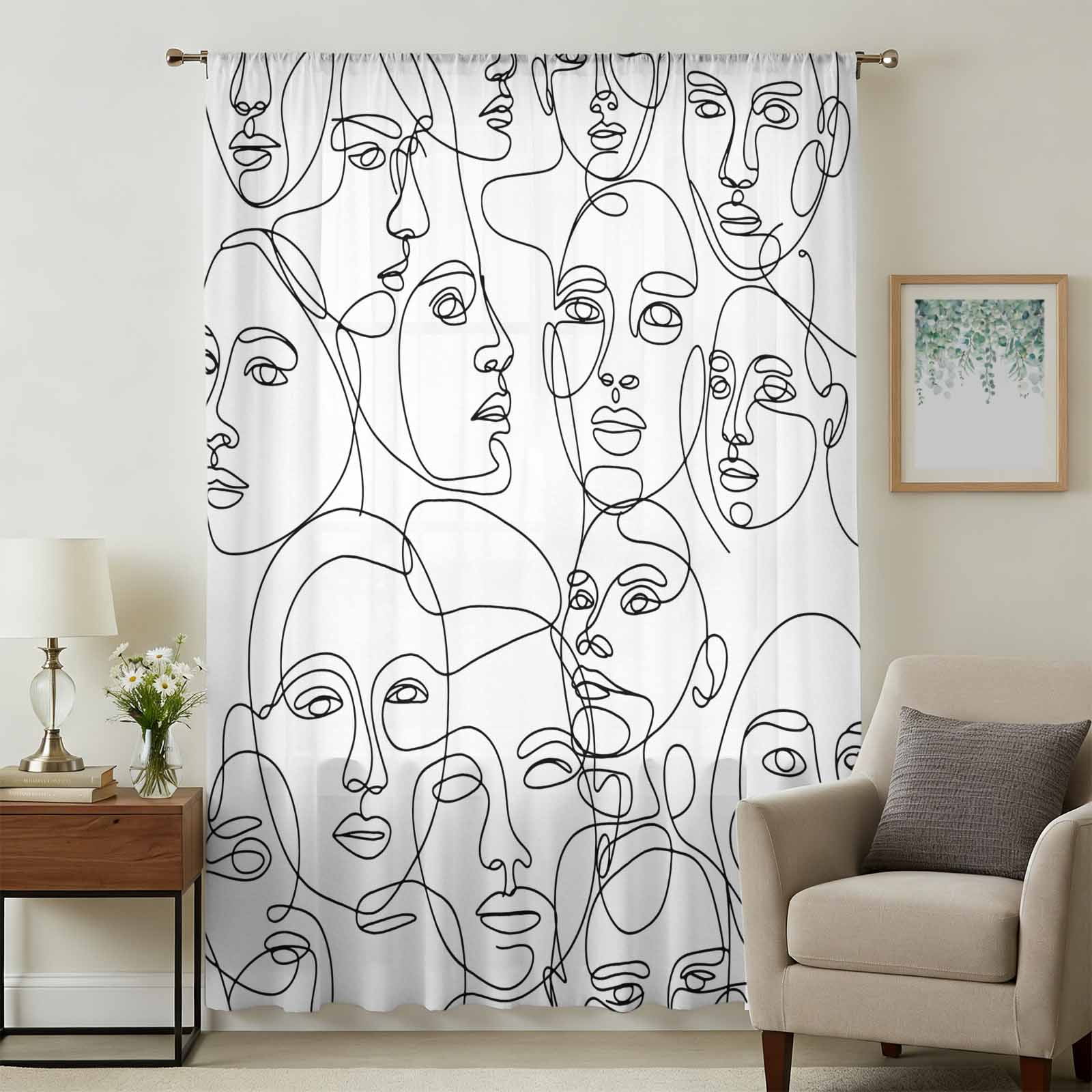 Abstract Style Sheer Curtains 96 Inches Long, Face Line Modern ...