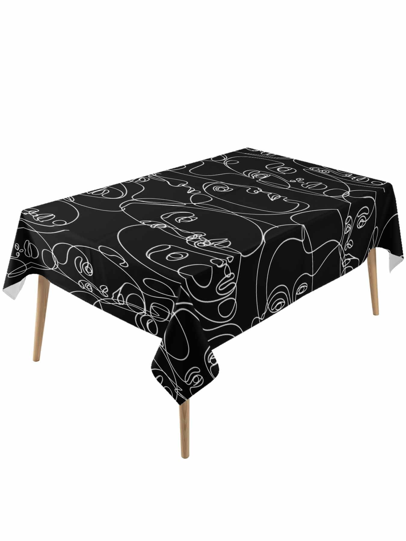 Abstract Style Table Cloth, Black Face Line Modern Character Art ...