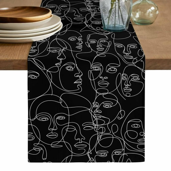 Abstract Style Table Runner, Black Face Line Modern Character Art ...