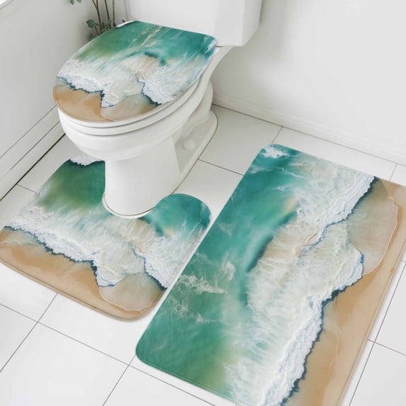 Abstract Summer Bathroom Rugs Set Green Ocean Beach Blue Wave Non Slip ...