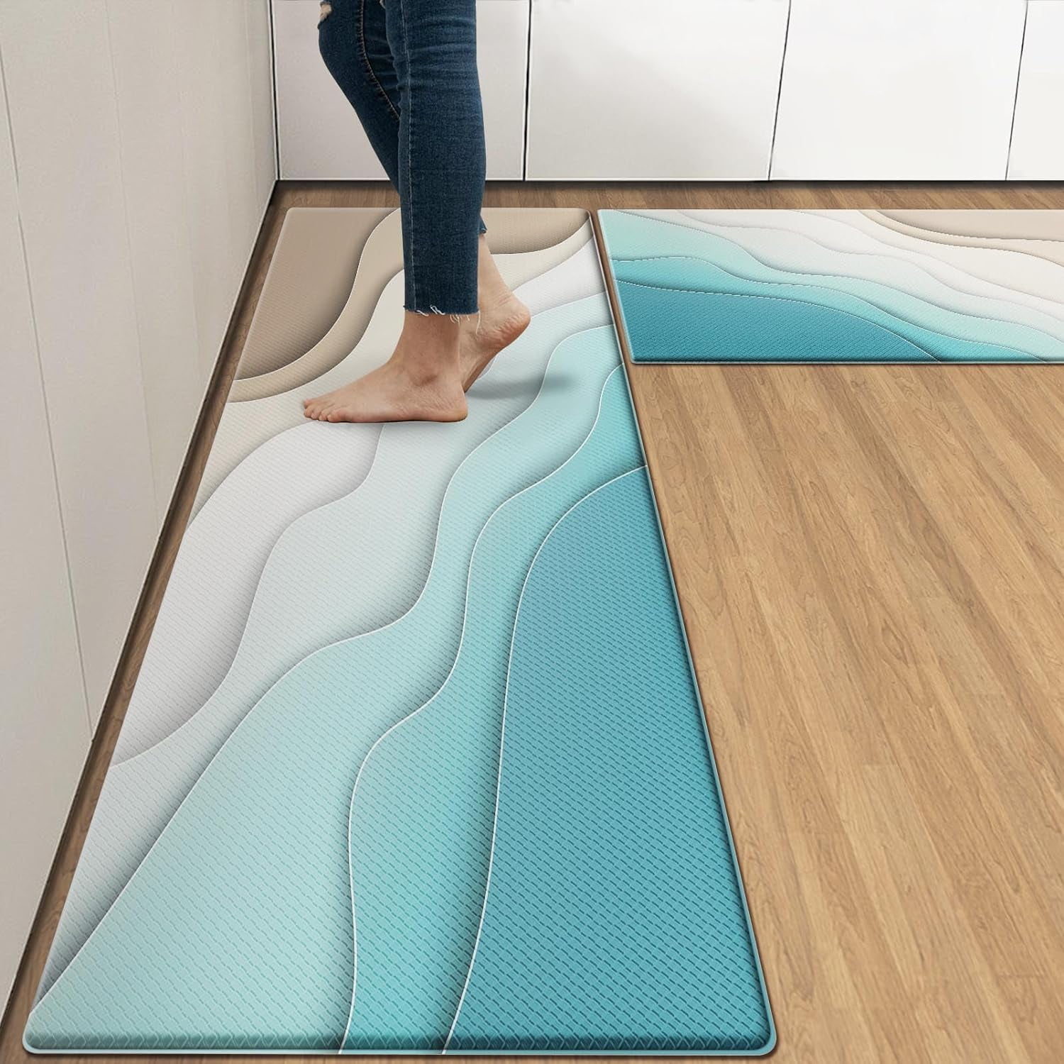 Abstract Summer Beach Anti-Fatigue Kitchen Rug Set of 2 Blue Brown ...