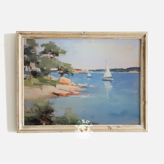 Abstract Summer Beach Painting Coastal Wall Art Sailboat Print Seascape ...