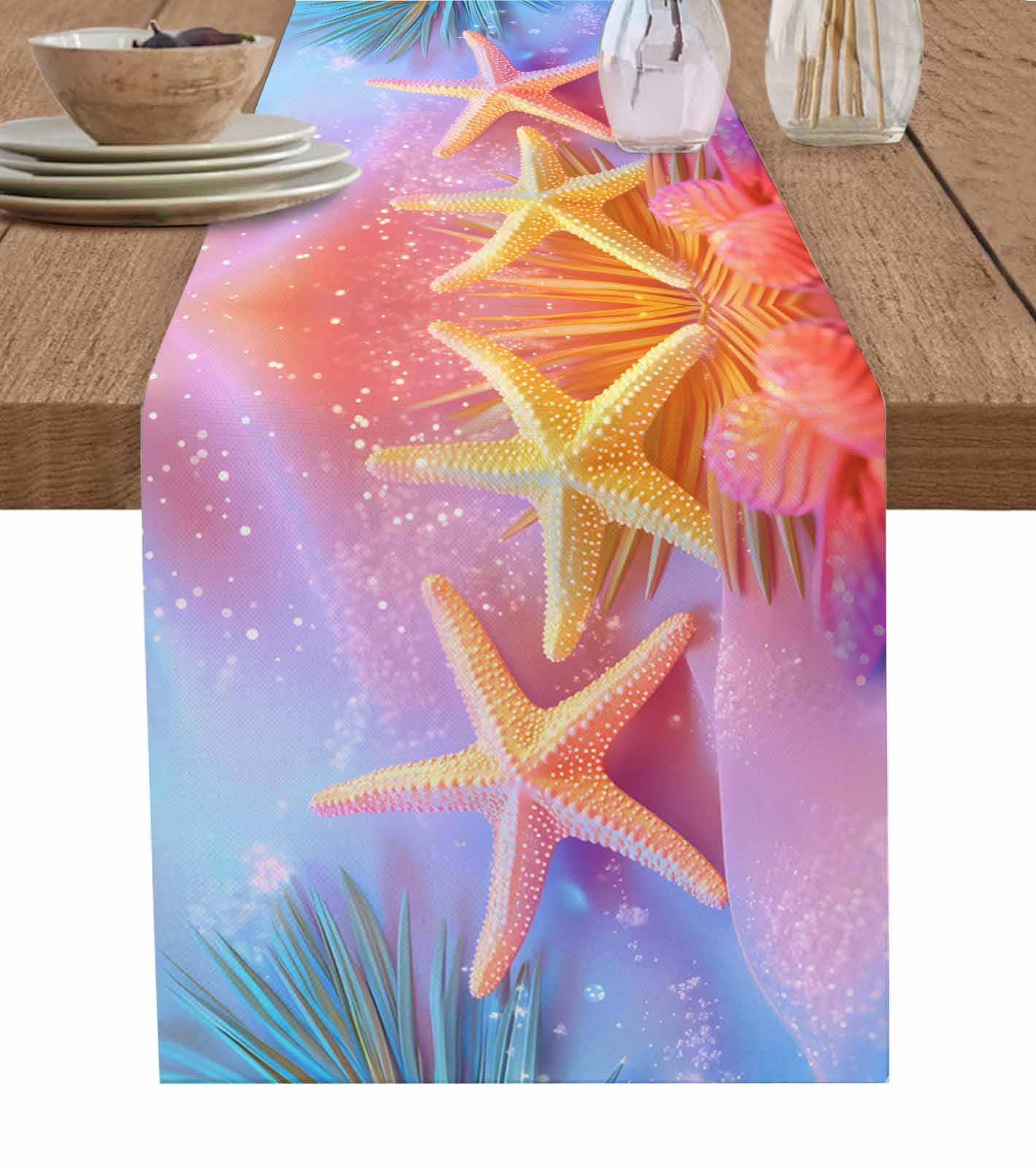Abstract Summer Beach Table Runner 72 Inches, Tropical Leaf Ocean ...