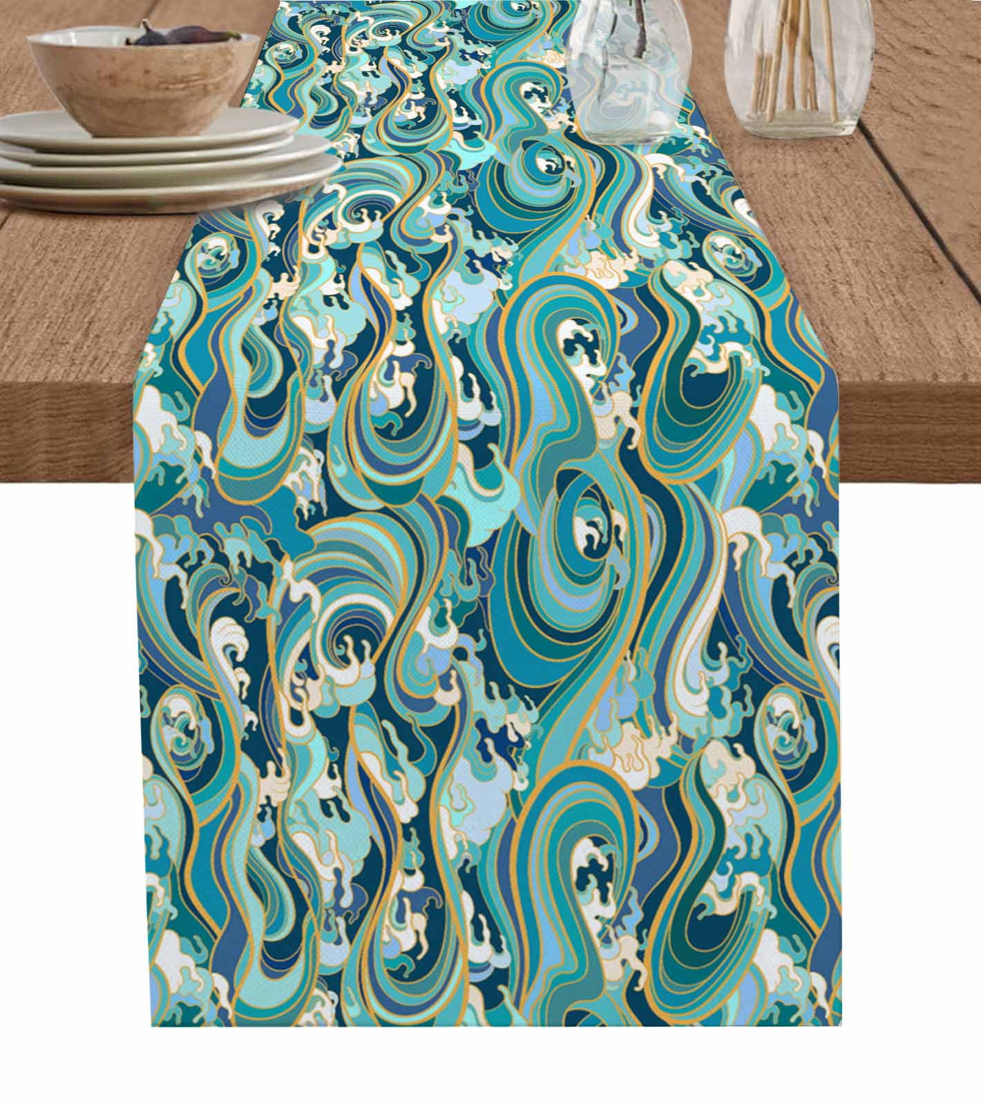Abstract Summer Gradient Ocean Waves Table Runner Cotton Linen Wedding Table r Tablecloth ...