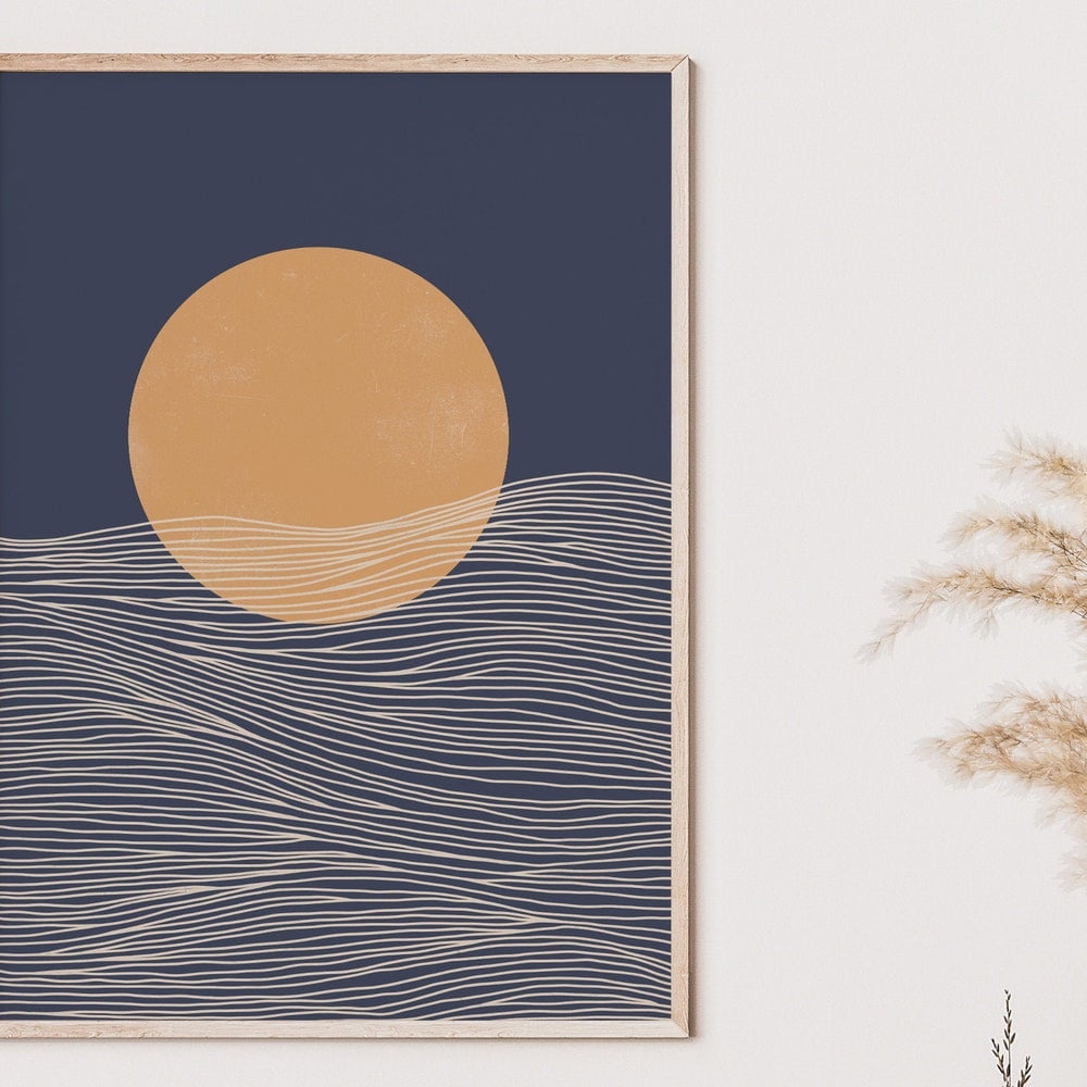 Abstract Sun Art, Navy Blue Print, Line Drawing Print, Boho Minimalist ...