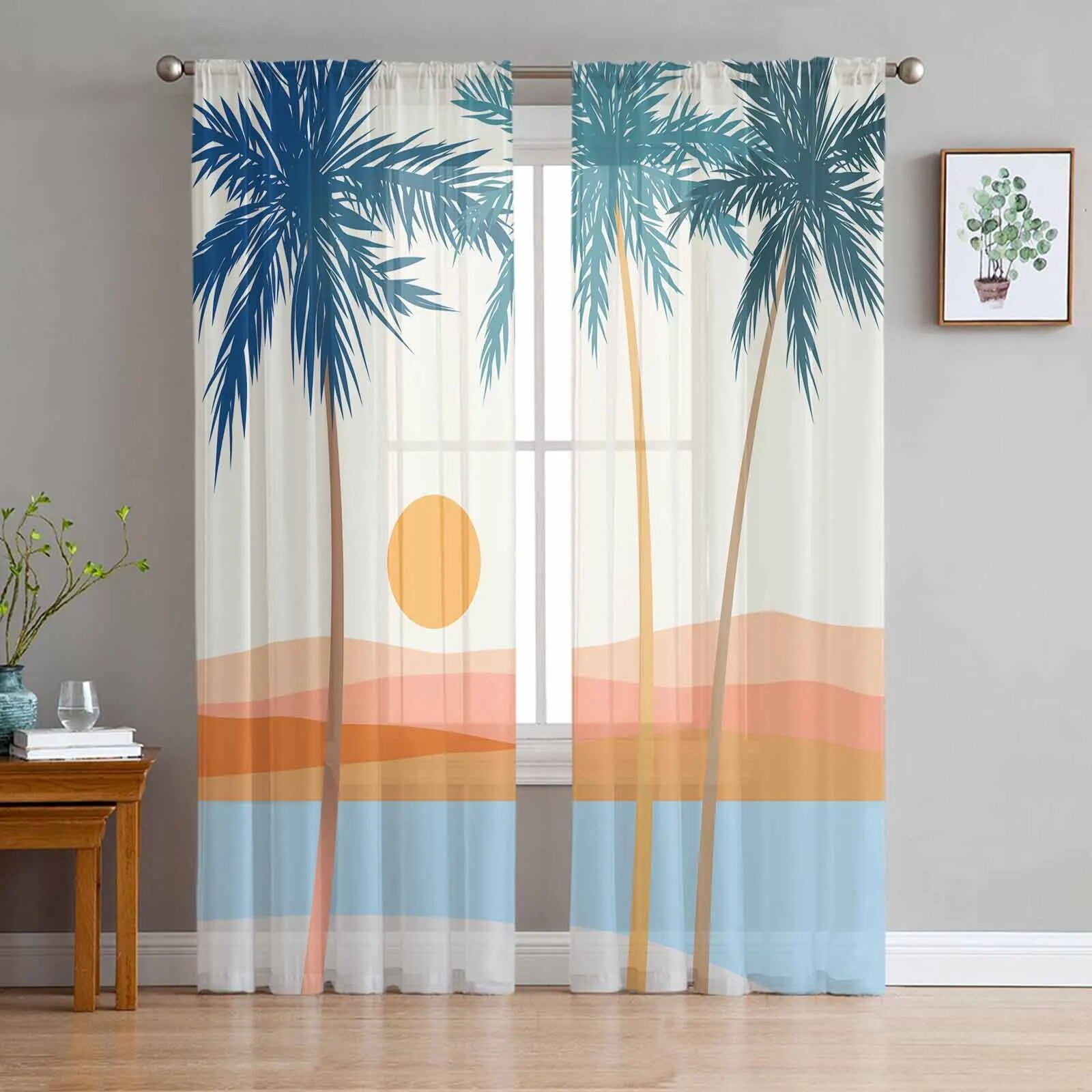 Abstract Sun Coconut Tree Boho Tulle Curtains for Living Room Bedroom ...