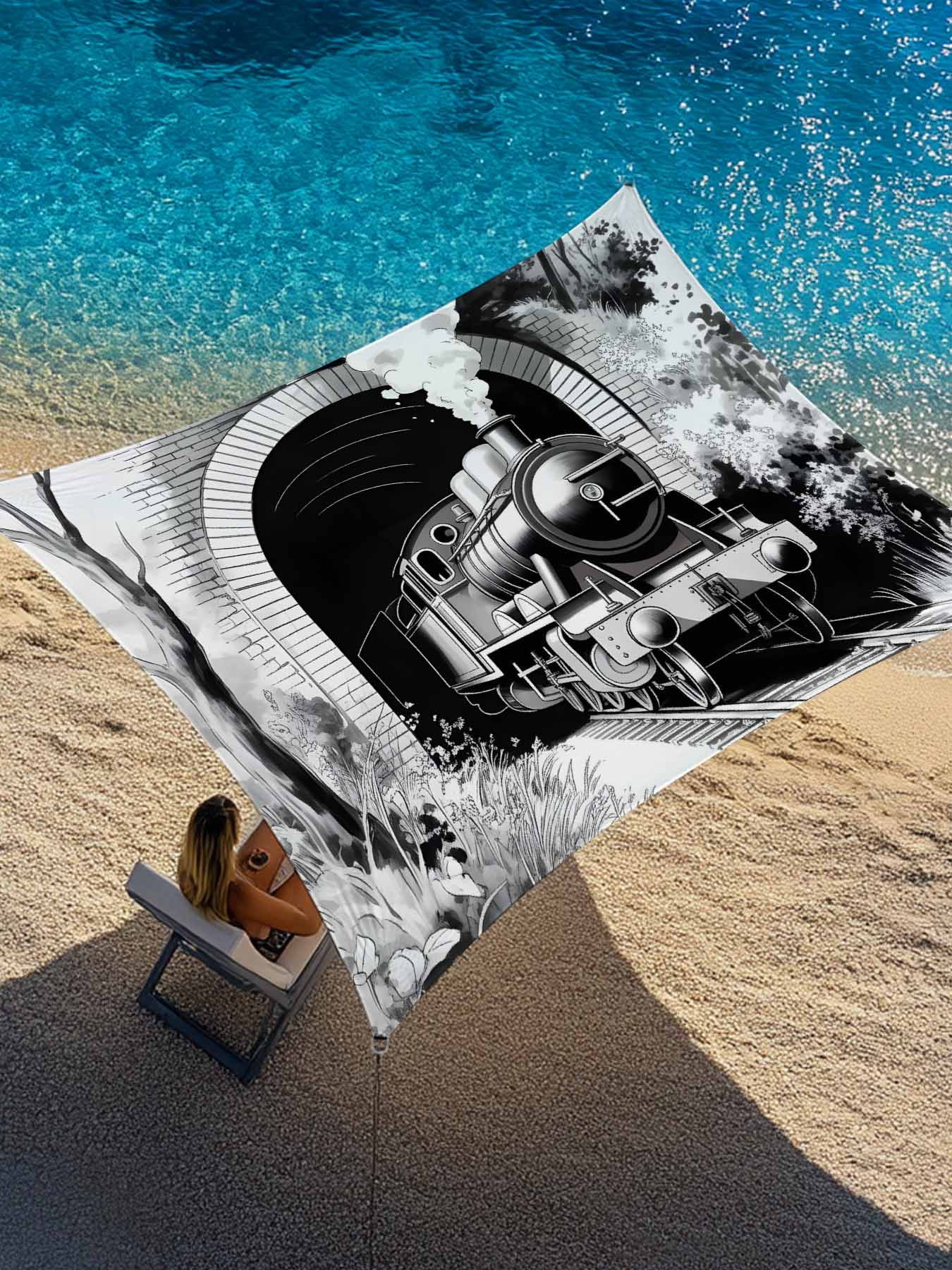 Abstract Sun Shade Sail 12' x 16', Black White Trains Tunnels Line ...