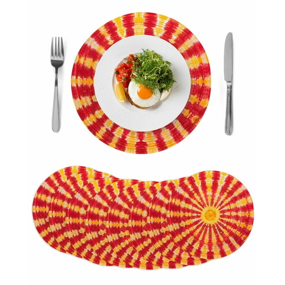 Abstract Sun Tie Dye Round Table Placemats set of 8, Yellow Tomato Red ...
