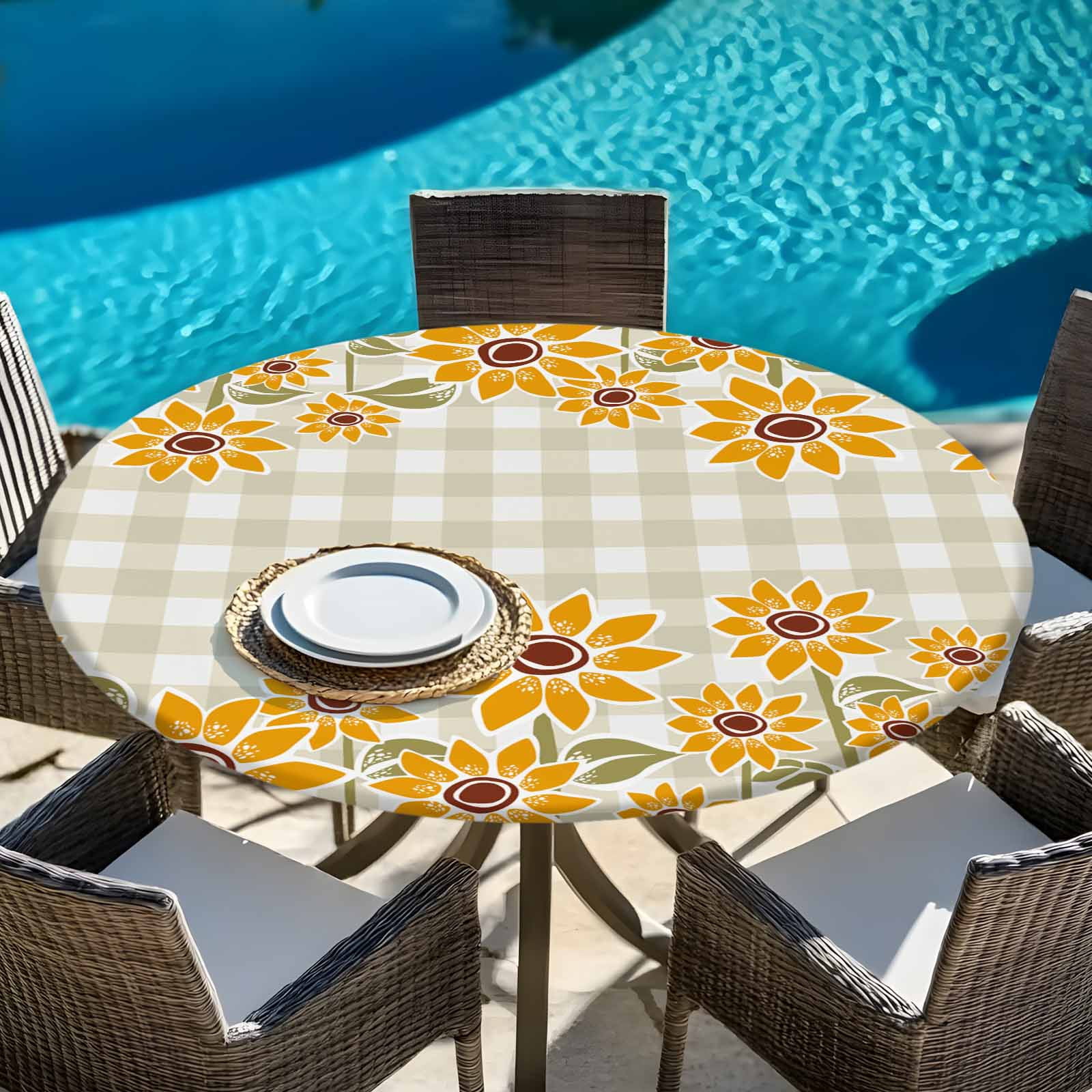 Abstract Sunflower Farm Floral Round Fitted Tablecloth with Elastic ...