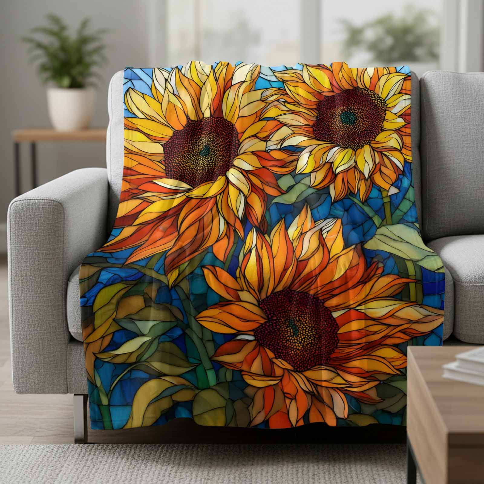 Abstract Sunflower Fleece Throw Blanket Yellow Green Diamond Art Glass ...