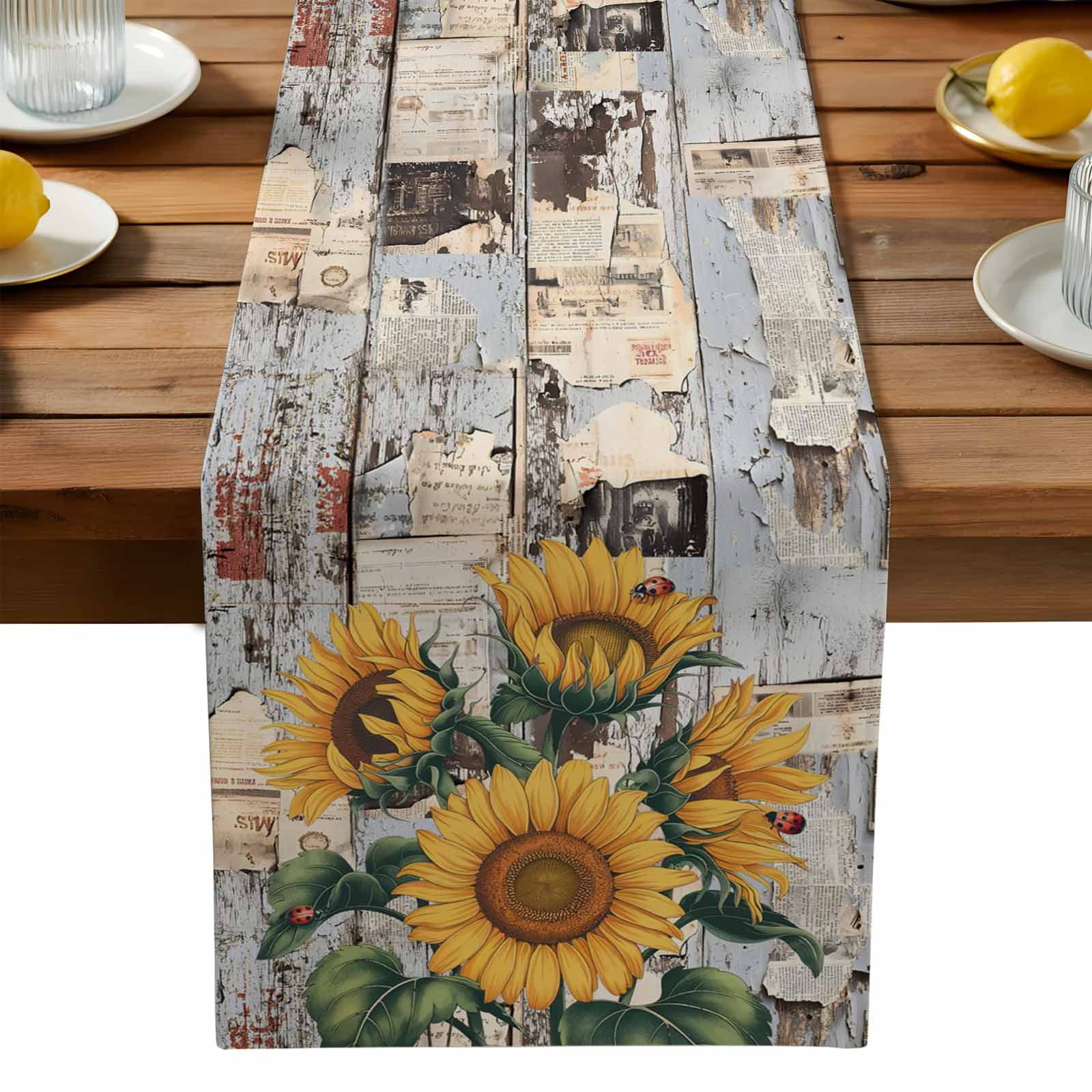 Abstract Sunflower Table Runner, Vintage Watercolor Flower Leaf ...
