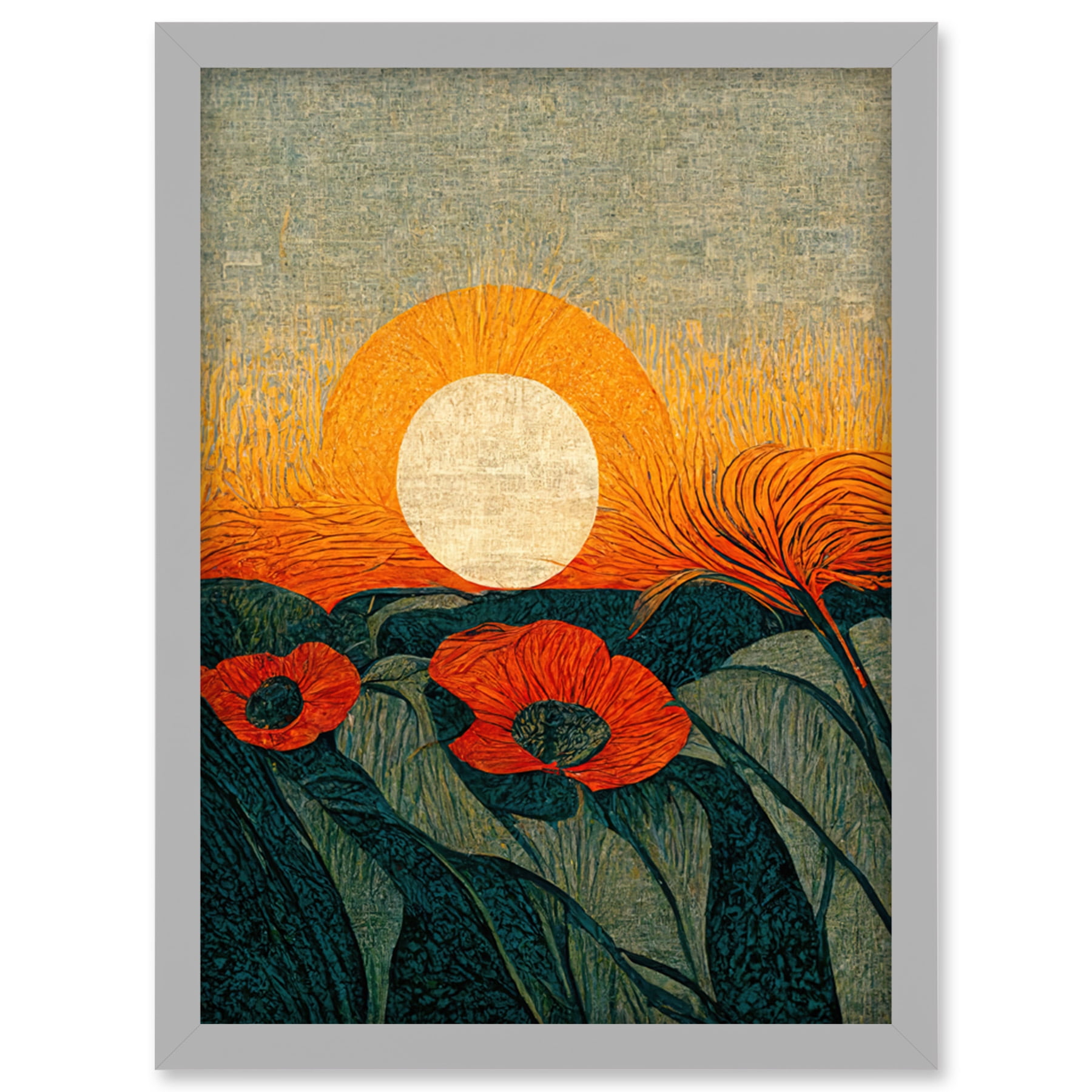 Abstract Sunrise Over Poppy Meadow William Morris Style Artwork Framed ...