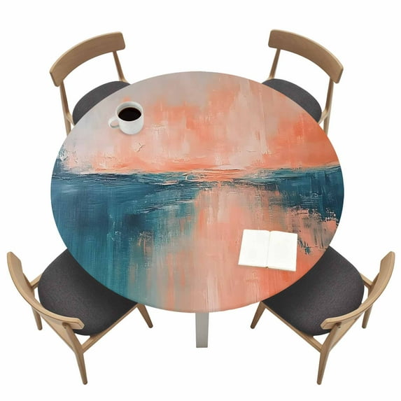 Abstract Sunrise Sunset Round Fitted Tablecloth with Elastic Edge Ocean ...