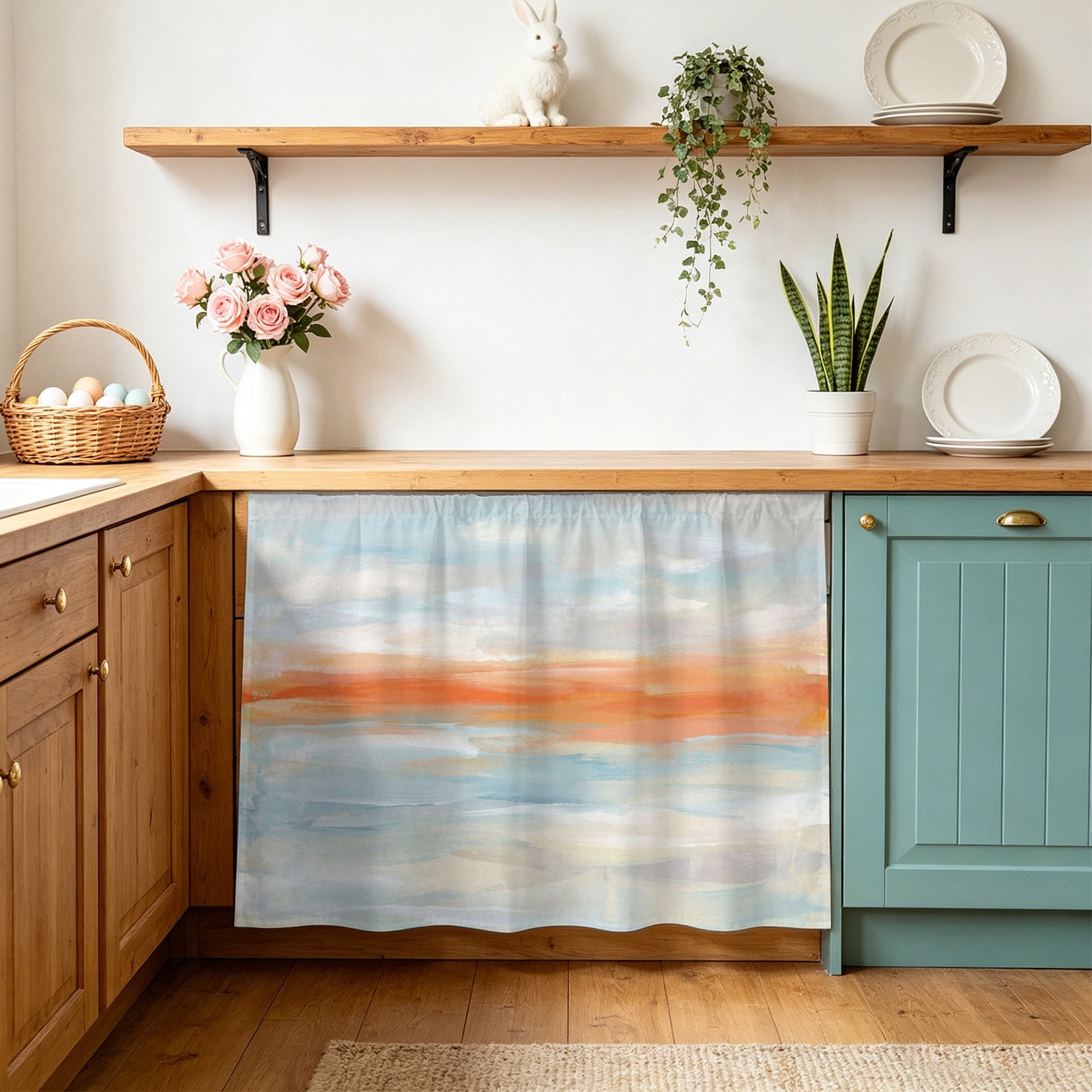 Abstract Sunset Cabinet Curtains 28" W x 35" L Orange Blue Gradient Oil ...