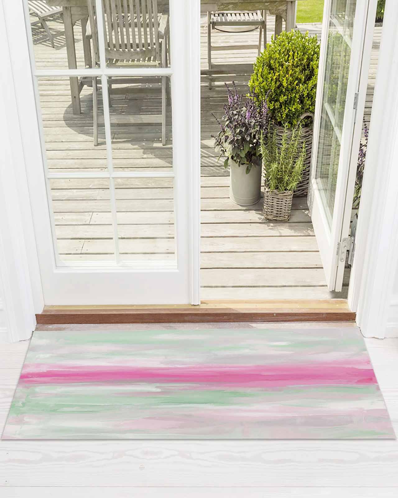 Abstract Sunset Front Door Mat Pink Green White Gradient Modern Oil ...