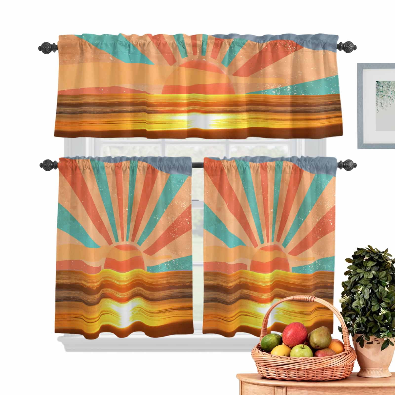 Abstract Sunset Kitchen Curtains Valances 3 Piece Set, Seaside Orange ...