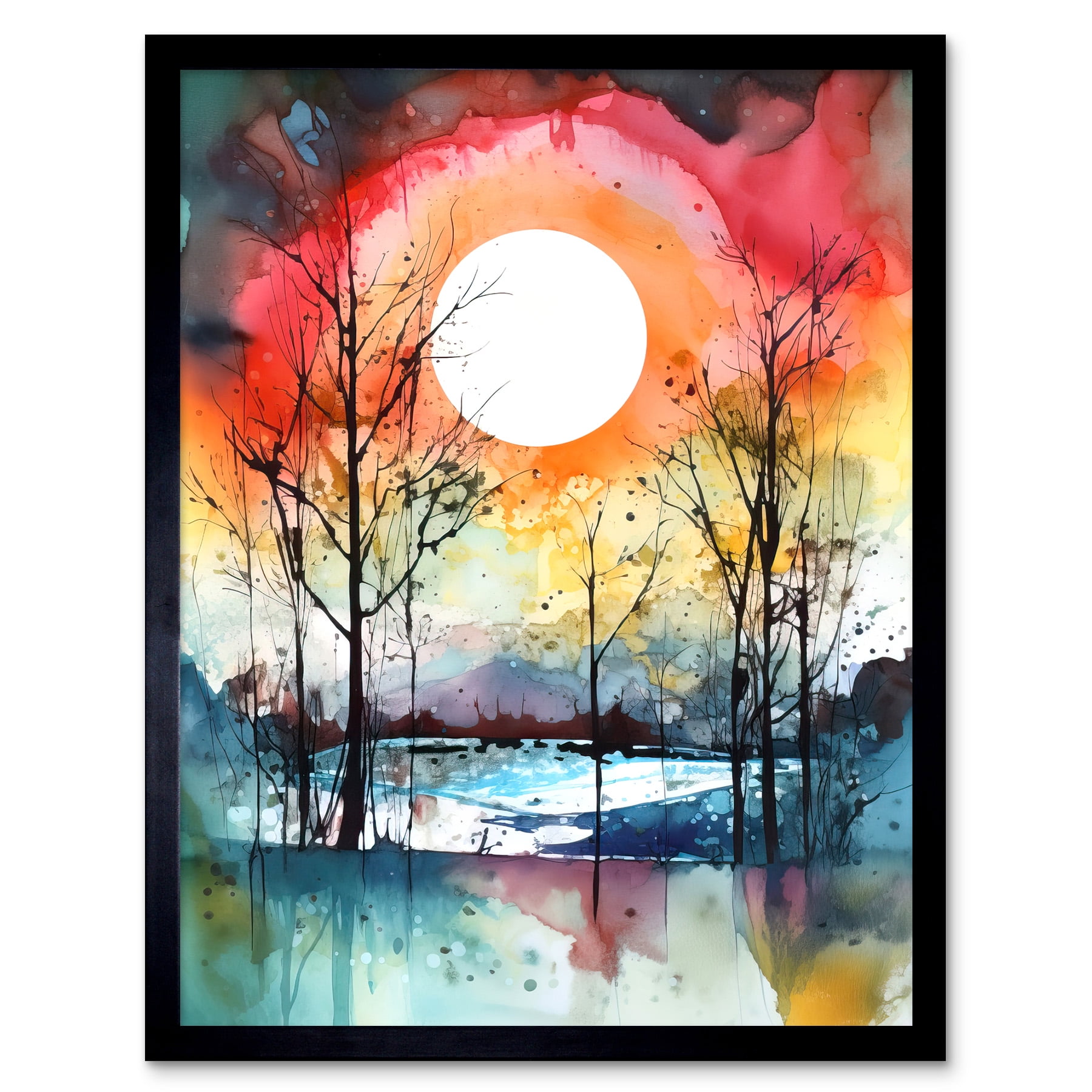 Abstract Sunset Landscape Watercolour Painting Countryside Lake Autumn ...