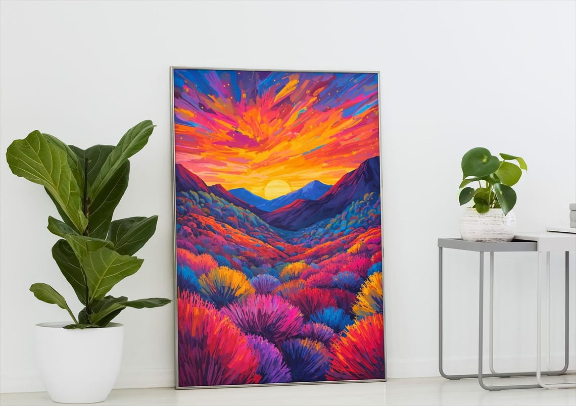 Abstract Sunset Mountain Art: Colorful Landscape Poster, Unframed ...