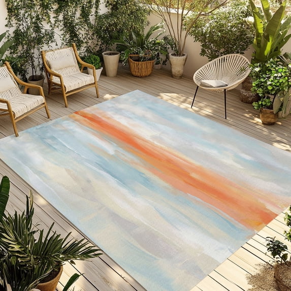 Abstract Sunset Outdoor Rug, Orange Blue Gradient Oil Painting Modern ...