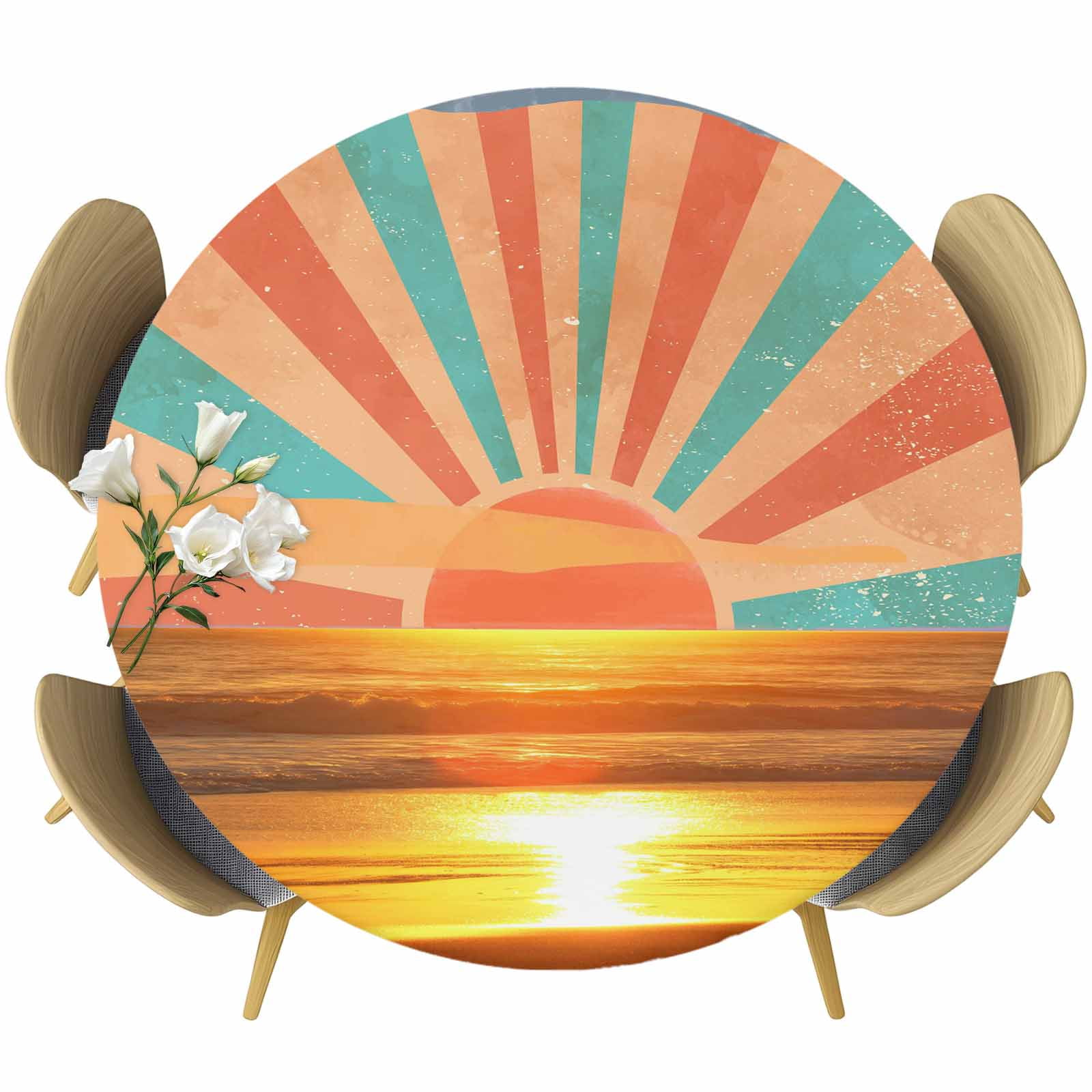 Abstract Sunset Round Fitted Tablecloth with Elastic Edge, Seaside ...