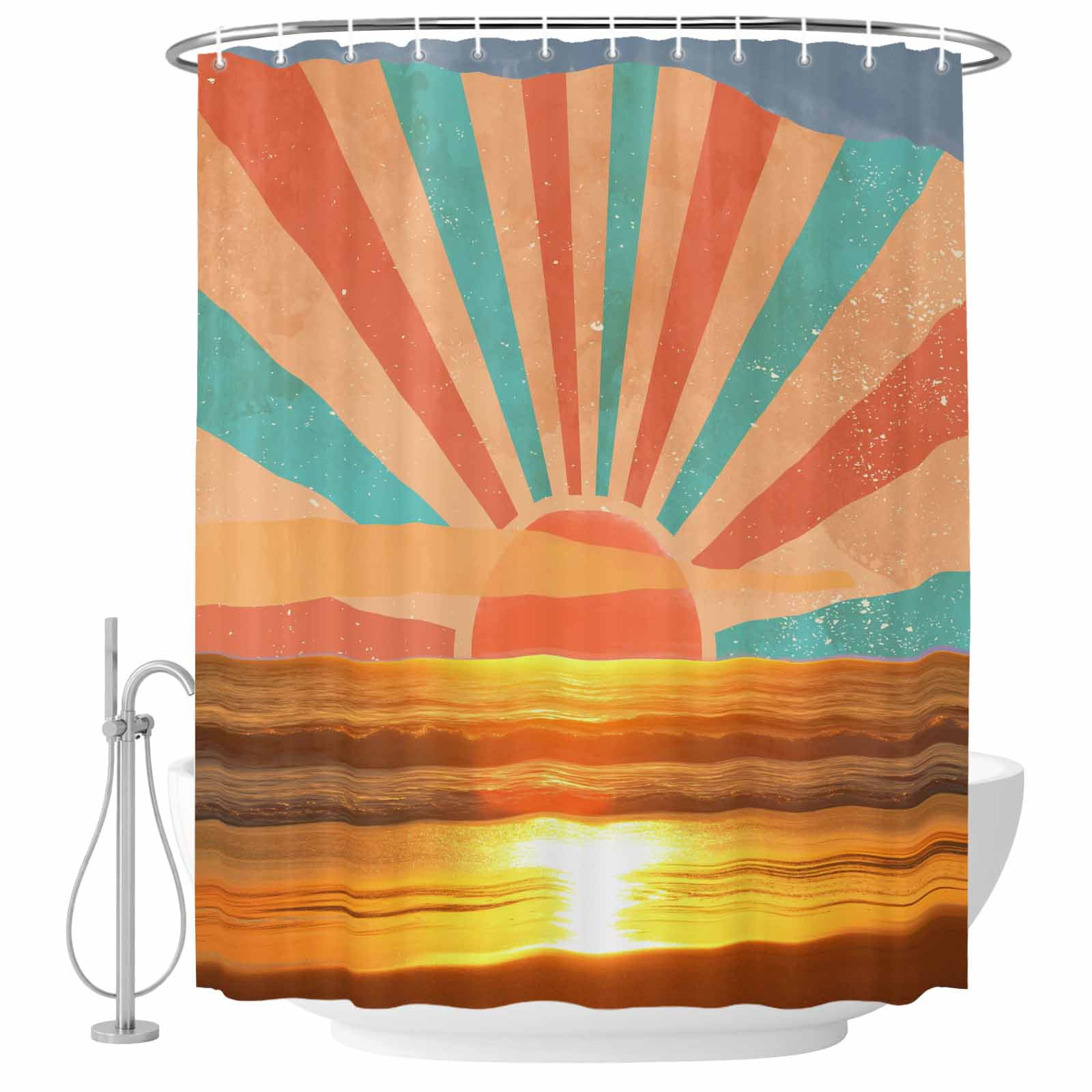 Abstract Sunset Shower Curtain for Bathroom, Seaside Orange Landscape ...
