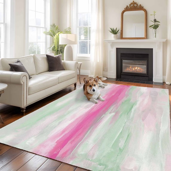 Abstract Sunset Washable Area Rug 6x9 Pink Green White Gradient Modern ...