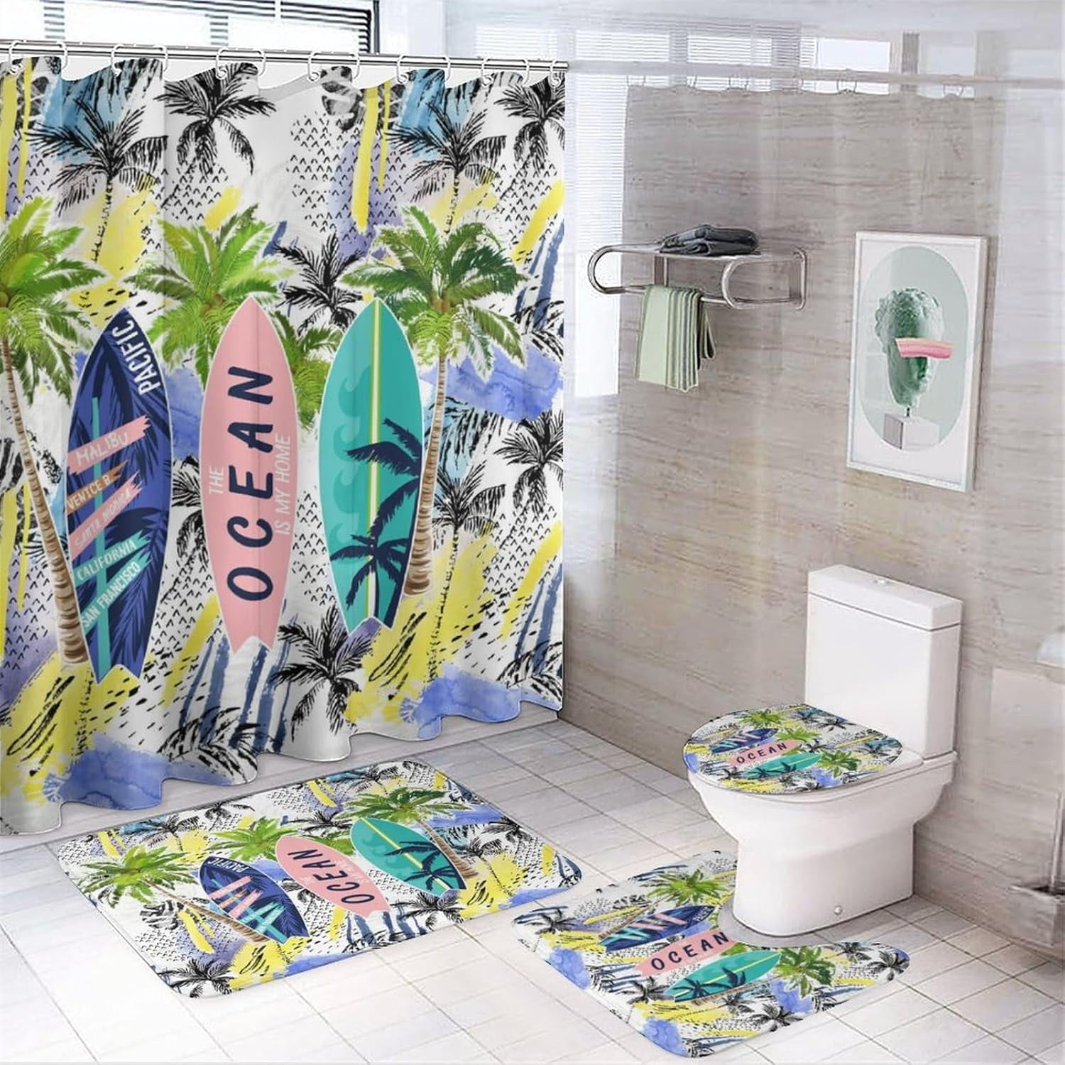 Abstract Surfboard Creative Bathroom Shower Curtain Set Summer Tropical ...