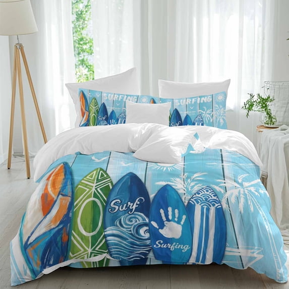 Abstract Surfboard Summer Surfing Palm Tree Queen Size Bed Set,Blue ...