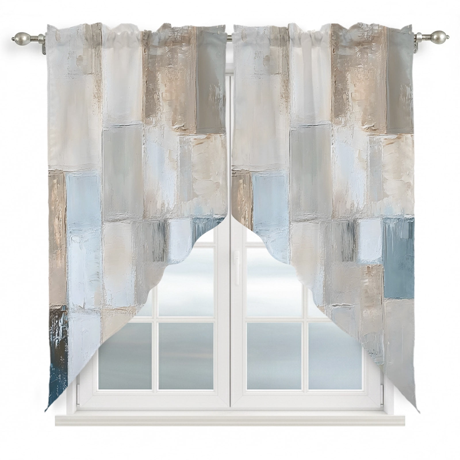Abstract Swag Curtain Valance for Window 2 Panels Beige Blue Grey Color ...